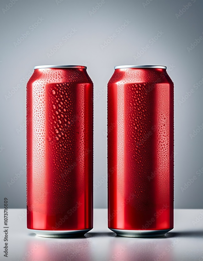 Two shiny red soda cans with condensation, standing side by side ...