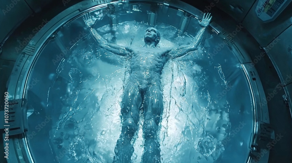 An encased human body in ice, representing cryonics and preservation of ...