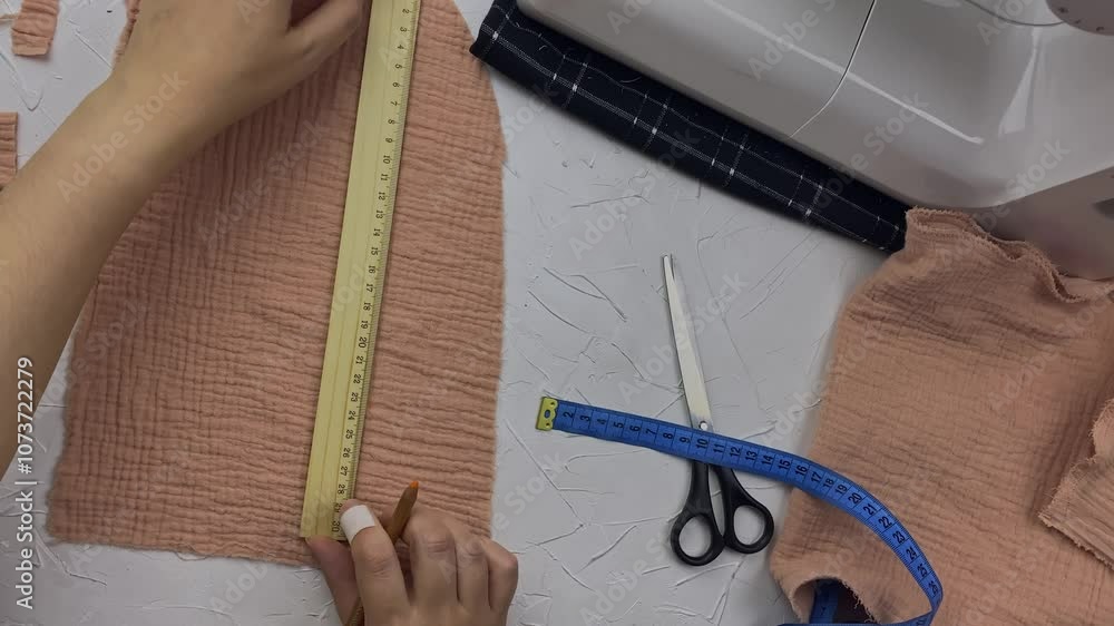Seamstress's hands draw straight line on piece of fabric with ruler and ...