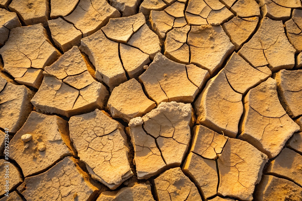 Close-up of cracked, dry earth with natural patterns and warm golden ...