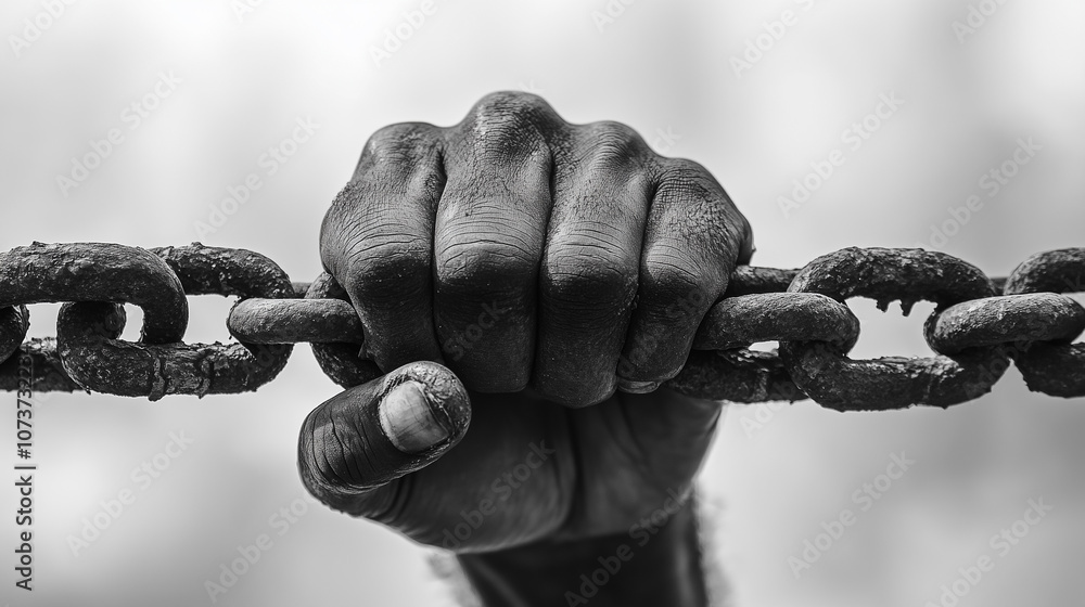 fist and the end of slavery concept, breaking chain, disconnected chain ...