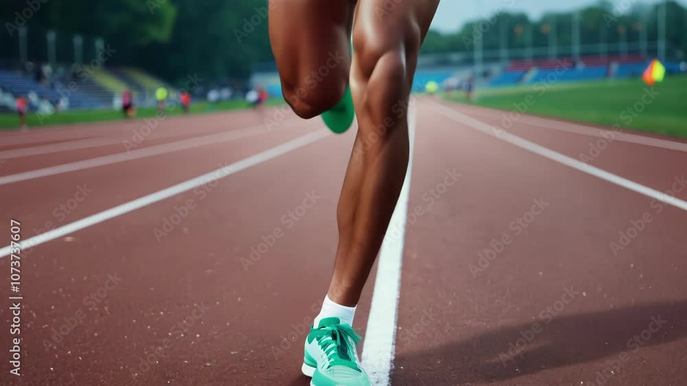An athlete's feet sprint down the track, representing dedication, speed ...