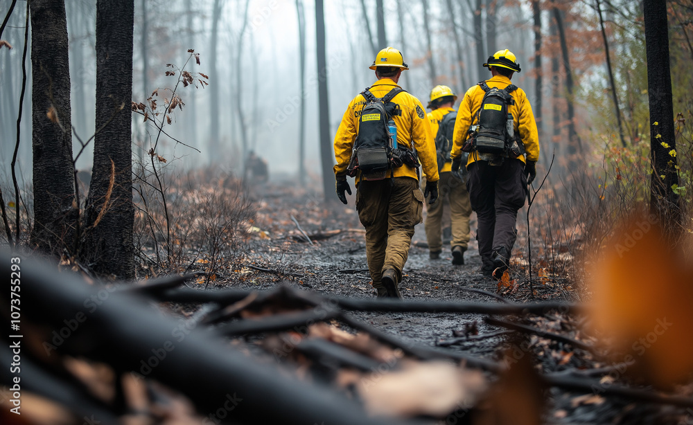 Firefighters in Burnt Forest After Wildfire: Group of firefighters in ...