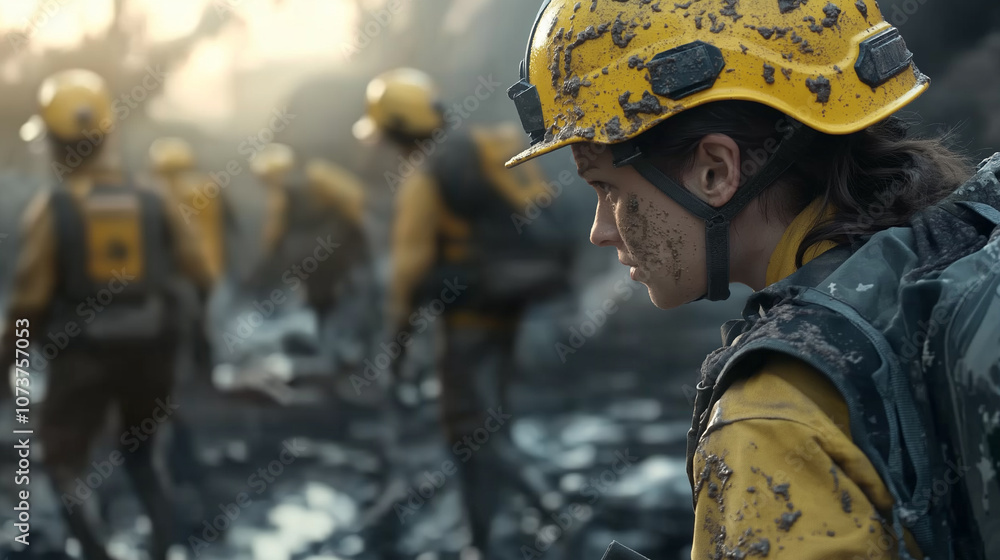 Wildfire Rescue Team Hiking Through Muddy Terrain: Rescue team in ...