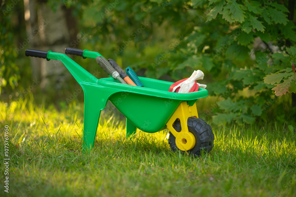 Plastic wheelbarrow for the garden.Gardening tools in the cart. Stock ...