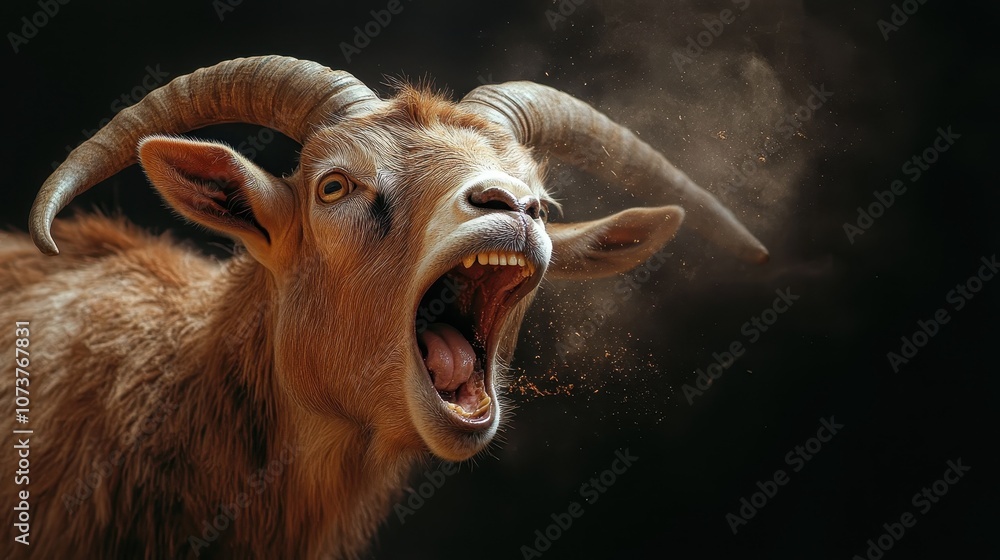 An intense image captures a goat with mouth agape in mid-roar, dusty ...