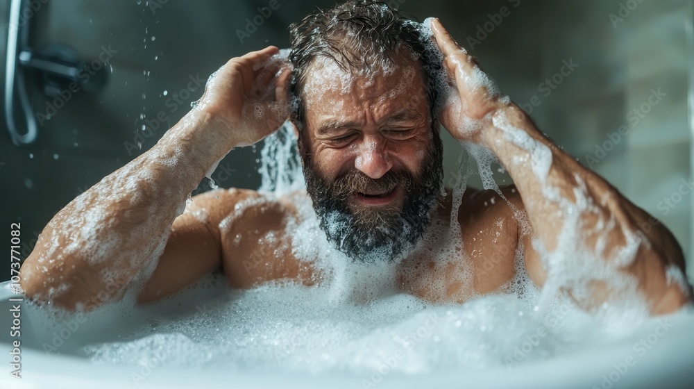 A bearded man intensely focuses in the shower as he rinses out his ... A bearded man intensely focuses in the shower as he rinses out his ...
