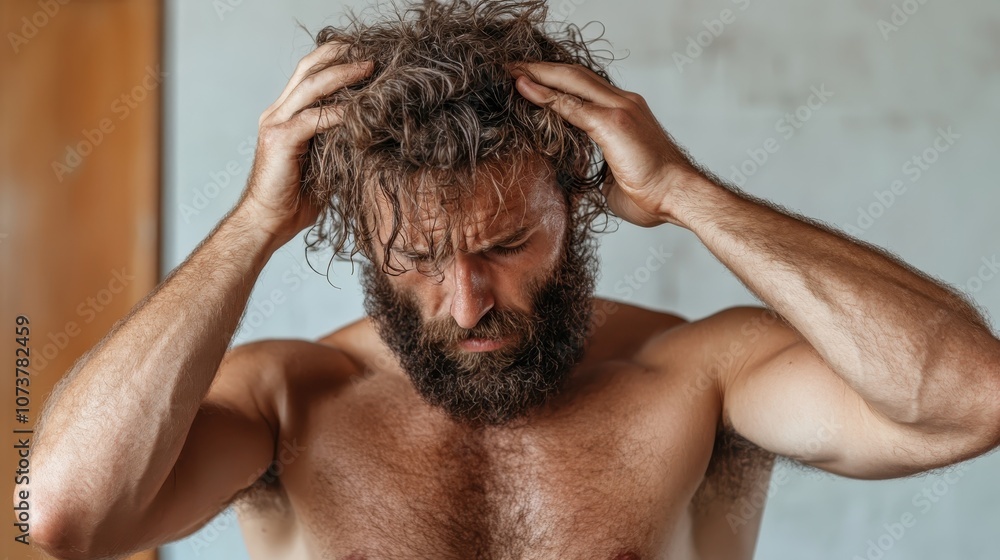 A shirtless man with a full curly beard styles his untamed hair, deeply ...