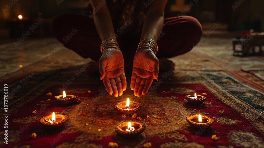 Woman's hands cupped over a burning candle in a circle of lit diyas ...
