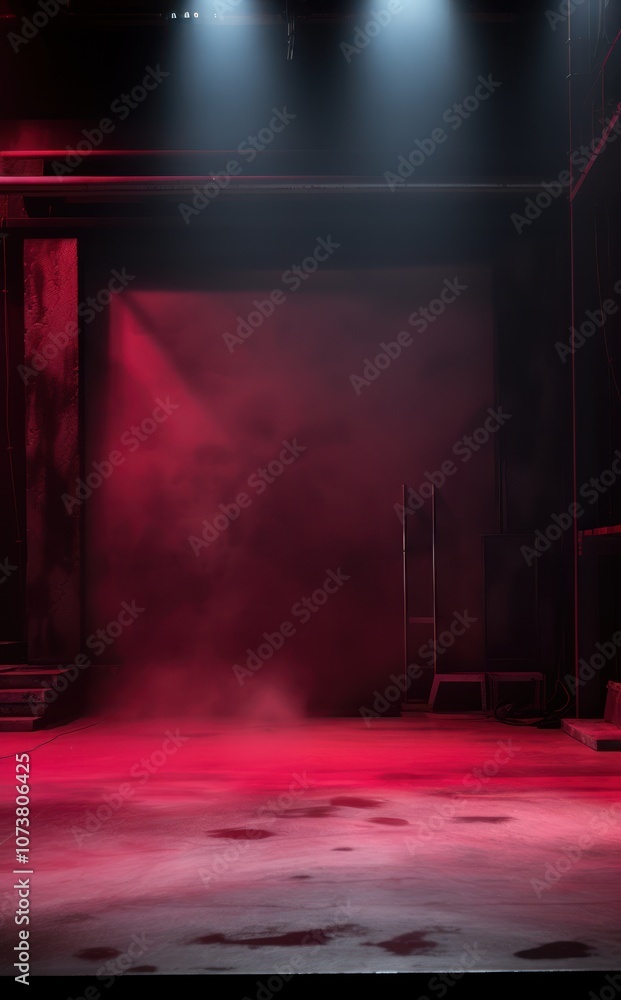 Dark empty stage with spotlight. Smoke drifts across the stage ...