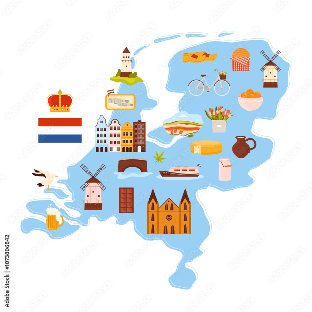 Holland culture elements, landmarks and food on Netherlands infographic ...