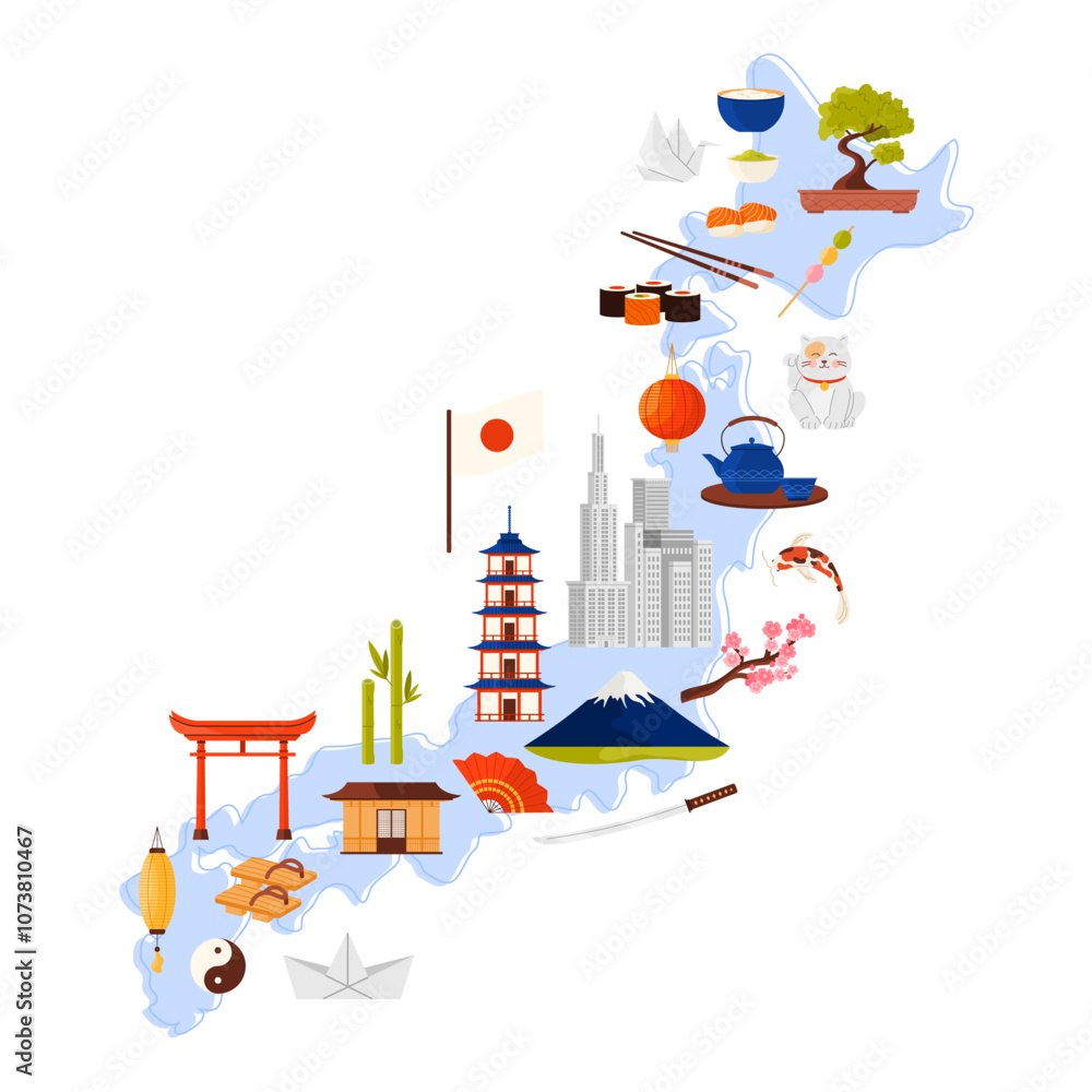 Travel to Japan set, culture elements and landmarks, food in ...