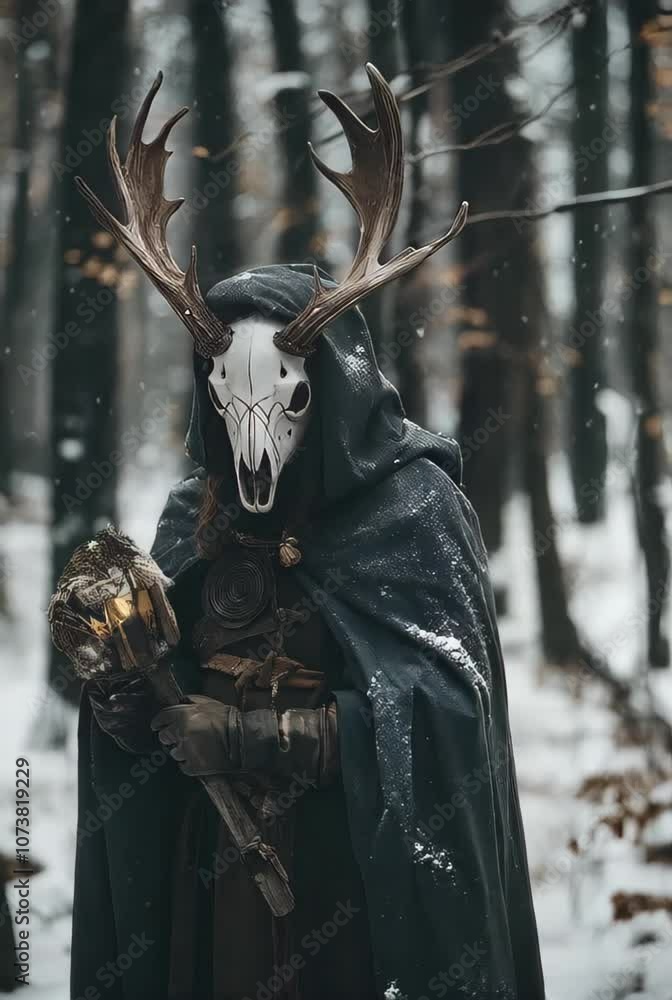 Shaman in deer animal skull holding torch in cloak in snowy forest ...