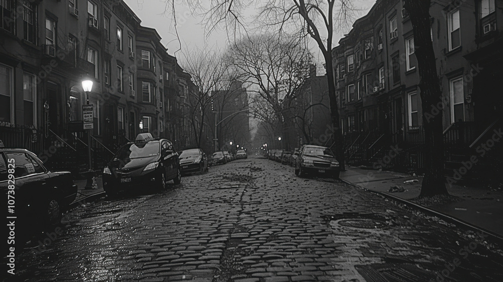 New York City streets, in the ghetto, at night, black and white camera ...