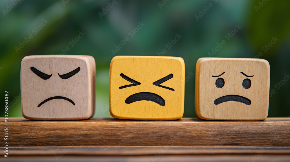 Hand Select Sadness Or Unhappy Face On Wooden Block. No Passion, Feel ...