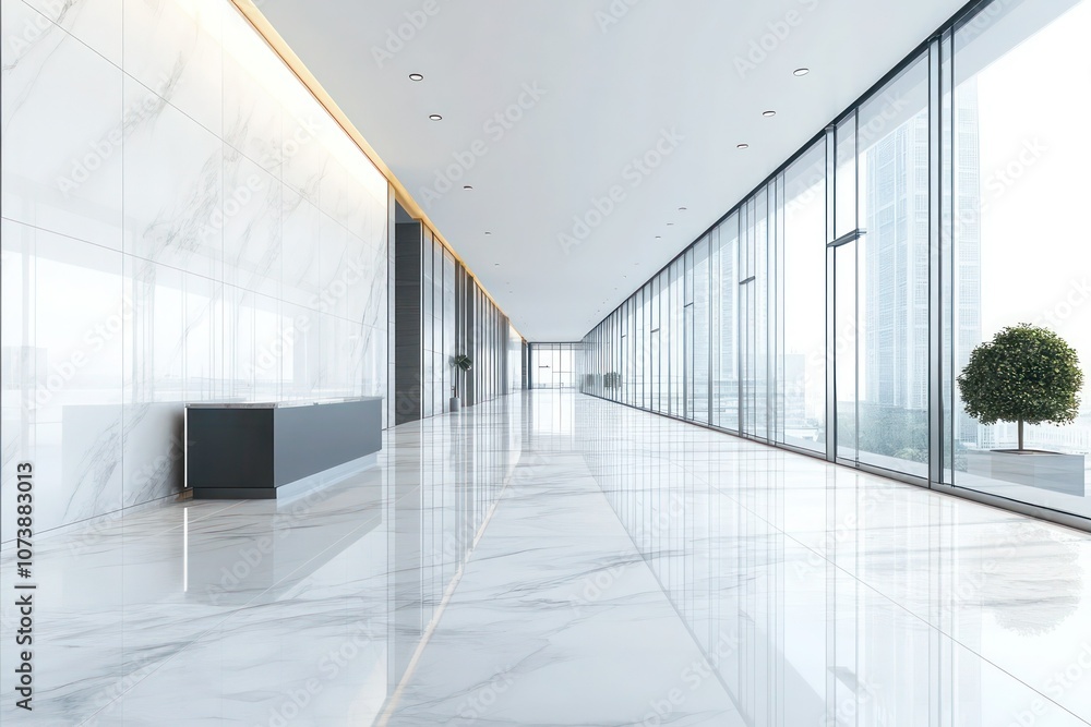 A modern commercial building lobby with sleek marble flooring, large ...