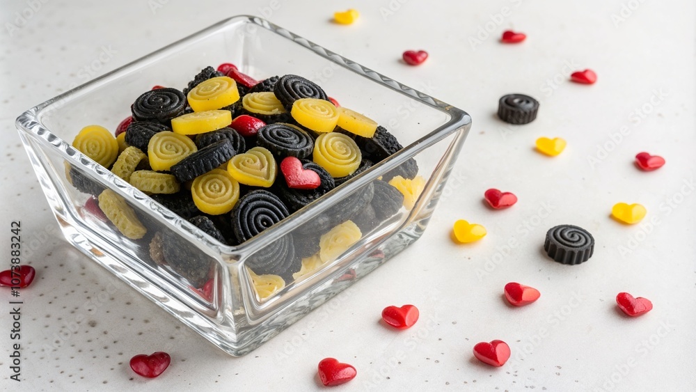Colorful licorice candy mix in glass bowl - perfect for confectionery ...