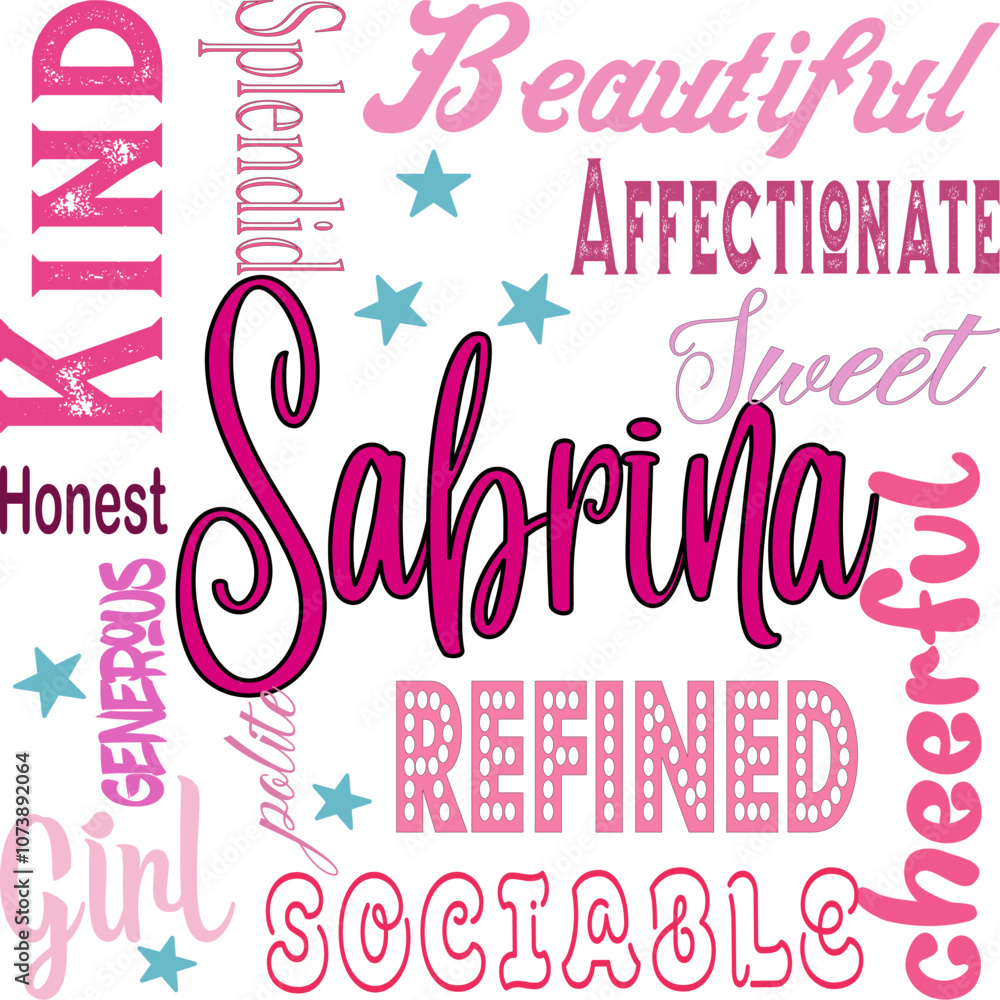 Sabrina - written proper name surrounded by adjectives. modern vector ...