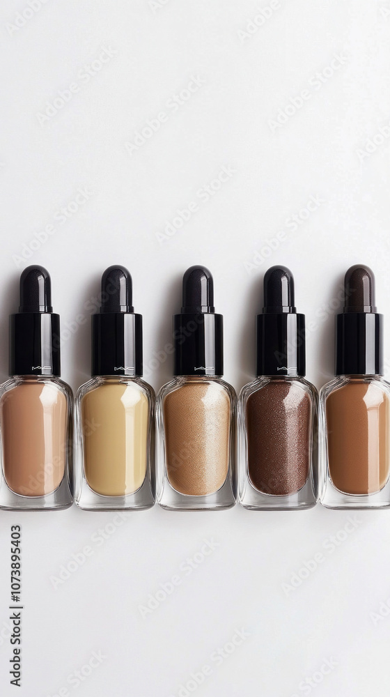 Five glass bottles with droppers containing different shades of ...