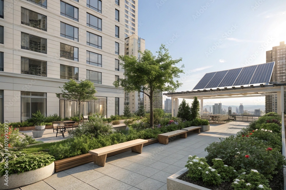 Modern urban rooftop garden, high-rise apartment building, wooden ...
