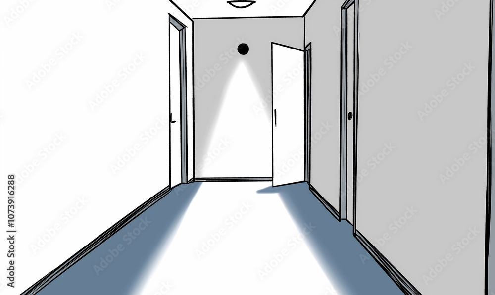cartoon or comic book style 'cell' of a hallway scene with a light at ...