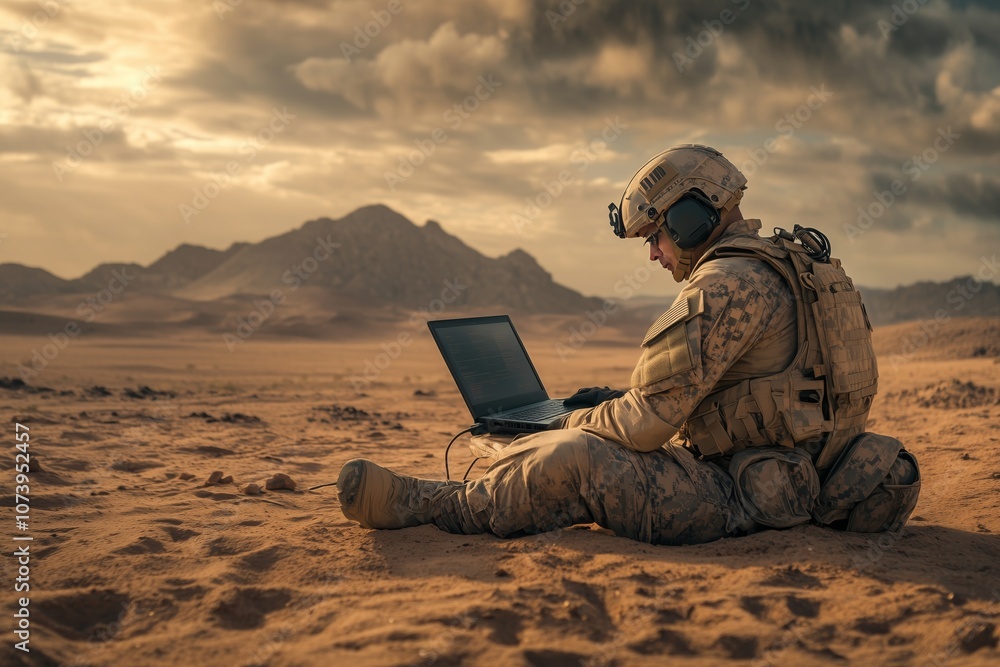 An American soldier uses a laptop computer and radio to communicate in ...
