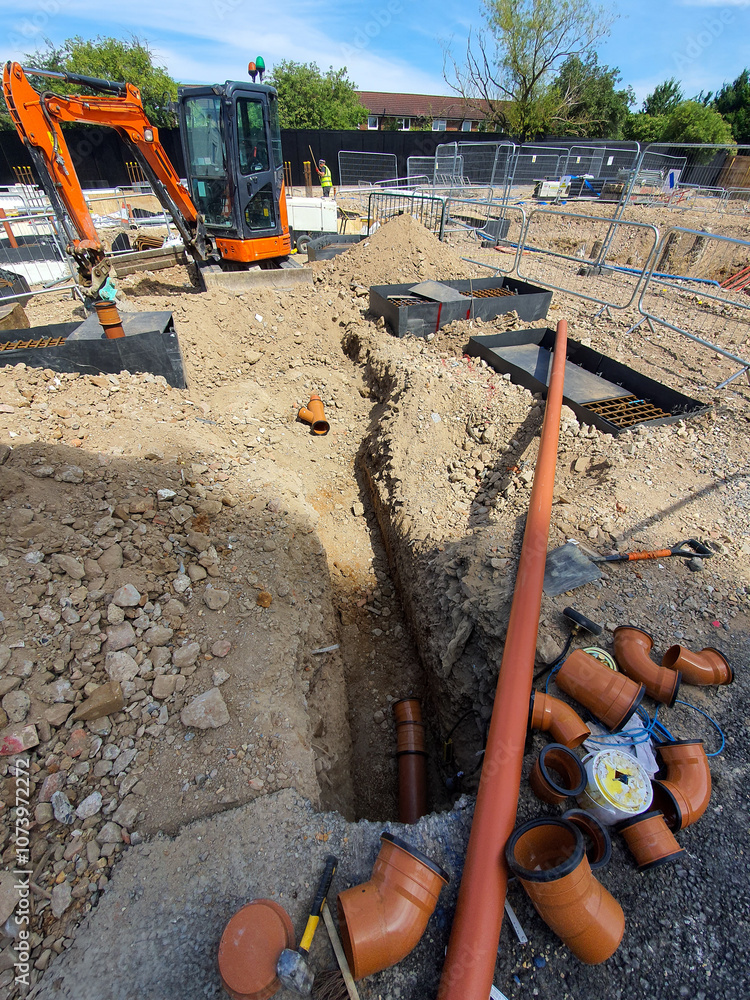 Underground drainage pipe installation with trench excavation on ...