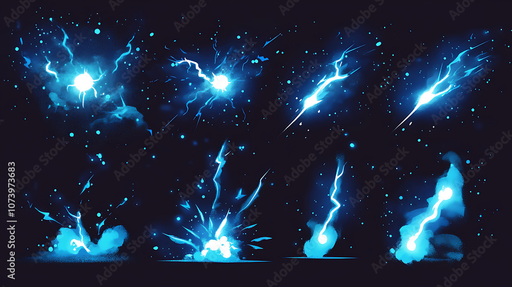 Animated cartoon lightning sprite, Blue vector thunderbolts strike in a ...