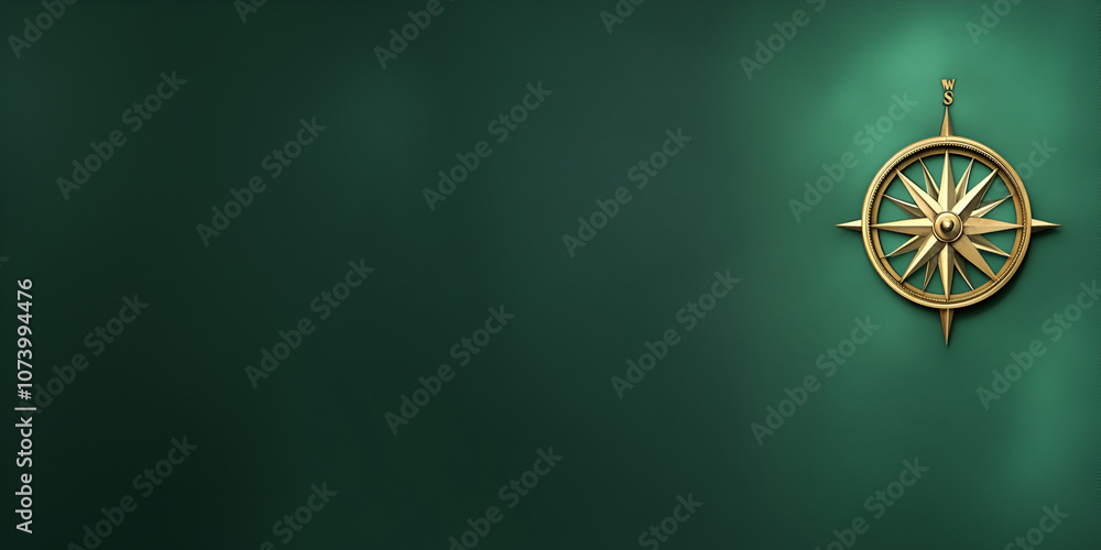 A minimalist compass icon placed on the right side of a panoramic green ...