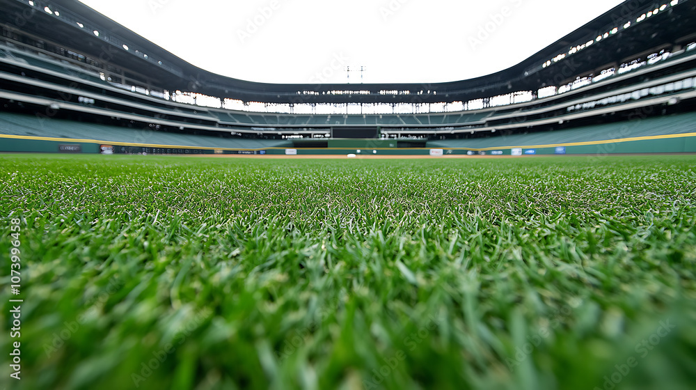 Empty baseball stadium with green grass, home plate line in center of ...