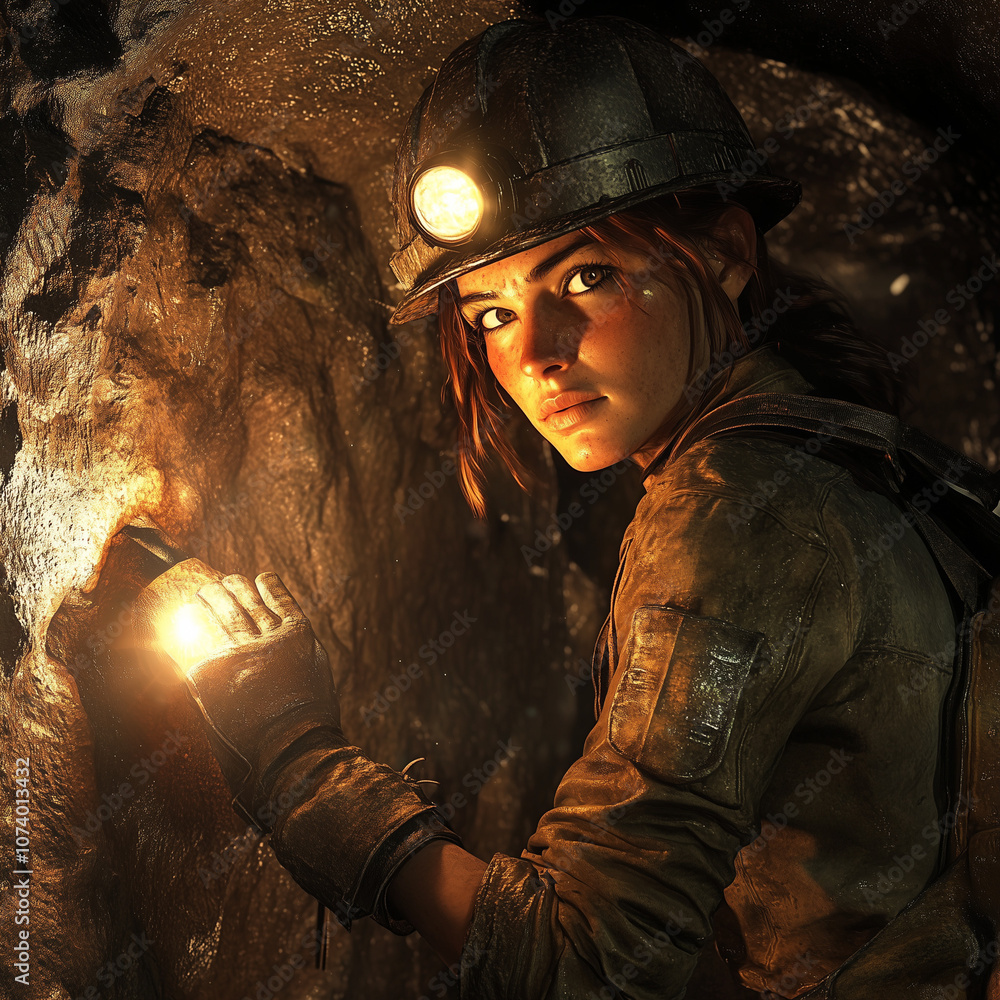 A female miner stands in a dimly lit mine tunnel, wearing a hard hat ...