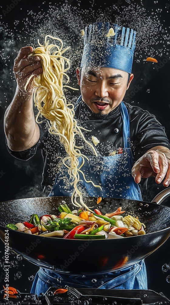 A hyperdetailed photorealistic pencil sketch of an Asian chef cooking ...