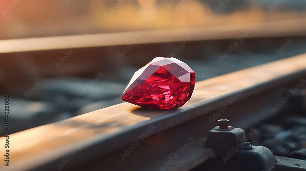 Ruby stone placed on a rail track, symbolizing the Ruby on Rails programming language, This ...