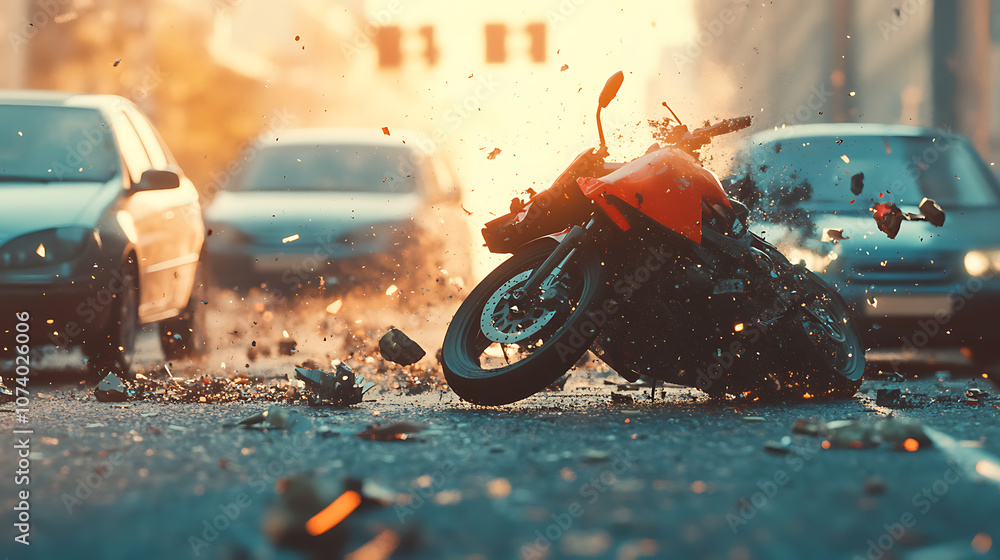 Destructive motorcycle accident scene with cars colliding and debris on ...
