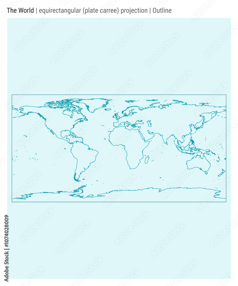 World Map Equirectangular Plate Carree Projection Outline Style High Detail World Map For