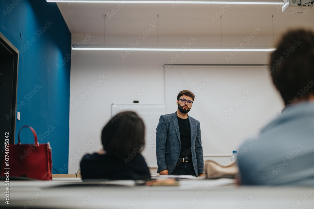 A professor stands at the front of a classroom, attentively engaging ...