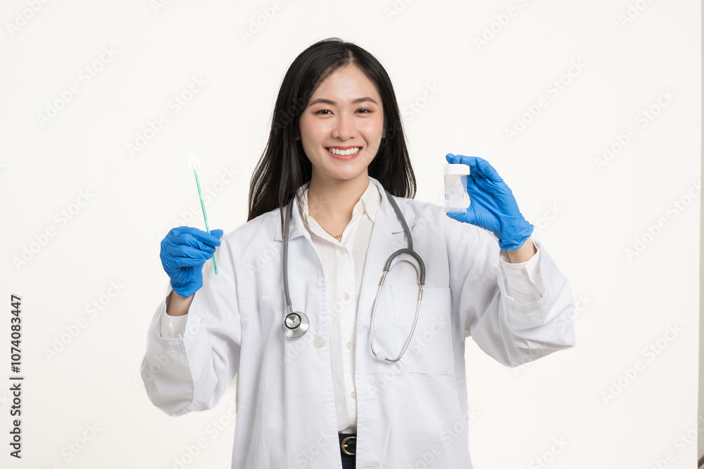 Asian woman doctor holding liquid base cytology set isolated on white ...