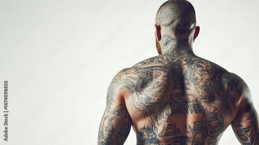 A prisoner with a fully tattooed back, displaying artwork and symbols ...