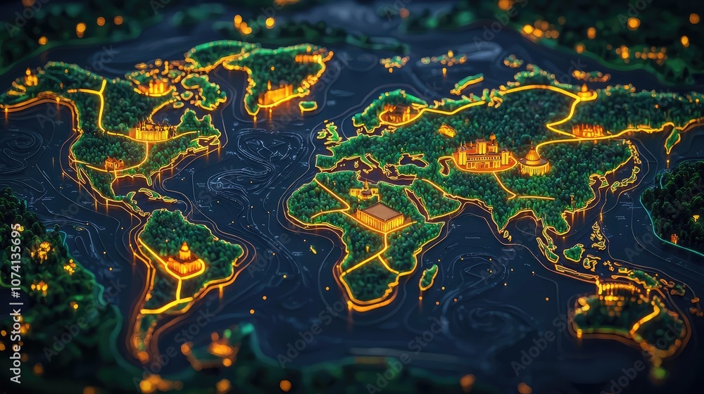 Stylized illuminated world map with green land and blue ocean in a ...