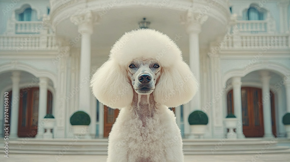 Adorned poodle stands proudly in front of a grand mansion showcasing ...