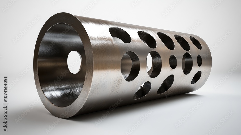 Cylindrical steel component featuring round perforations created on a ...