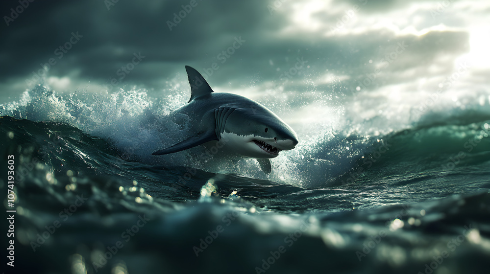 un tiburon blanco saltando a la superficie con el agua del oceano del ...
