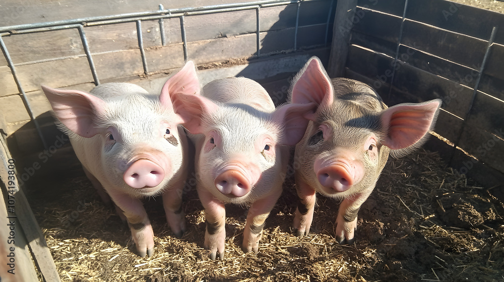 tres cerdos pequeños lechones chicos mirando a la camra en su corral ...