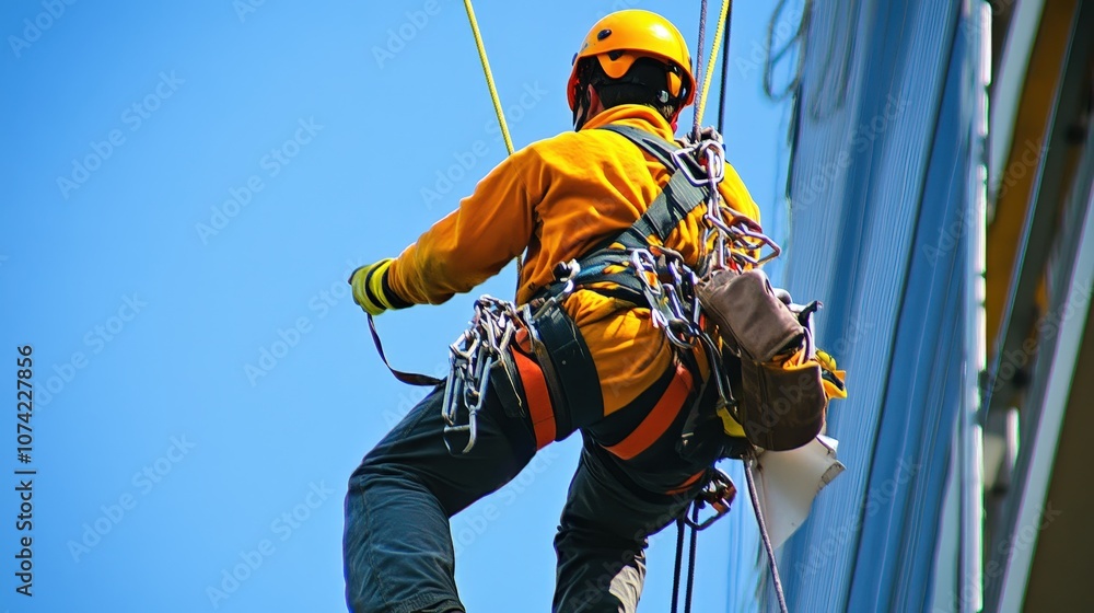 A worker wearing a harness, suspended by ropes, while working on the ...