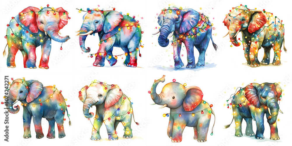 Watercolor illustration of eight adorable elephants decorated with ...