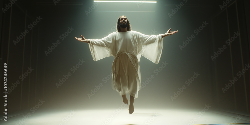 Jesus christ the son of god hovering with open arms in a dark room with ...