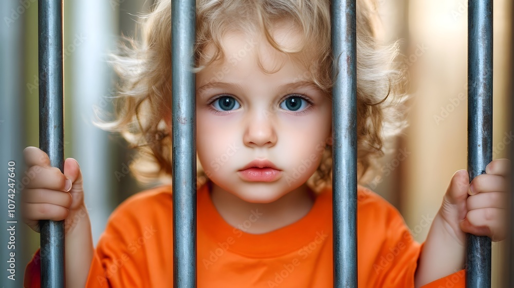 Young child imprisoned captured in confinement behind bars in orange ...
