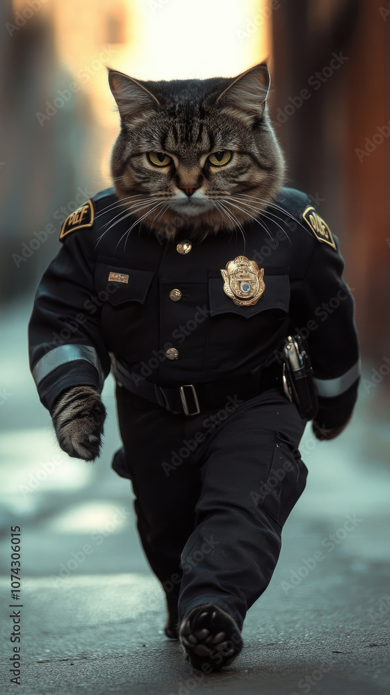 Fluffy fat cat walking in a police officer uniform looking serious and ...