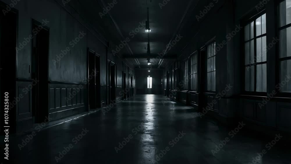 A long, dark, and ominous hallway with a light at the end, giving an ...