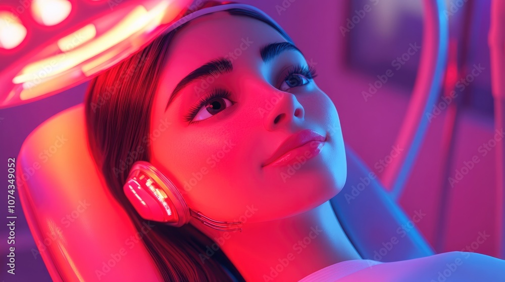 3D Cartoon of a Young Woman Receiving Radio Frequency Lifting with Red ...